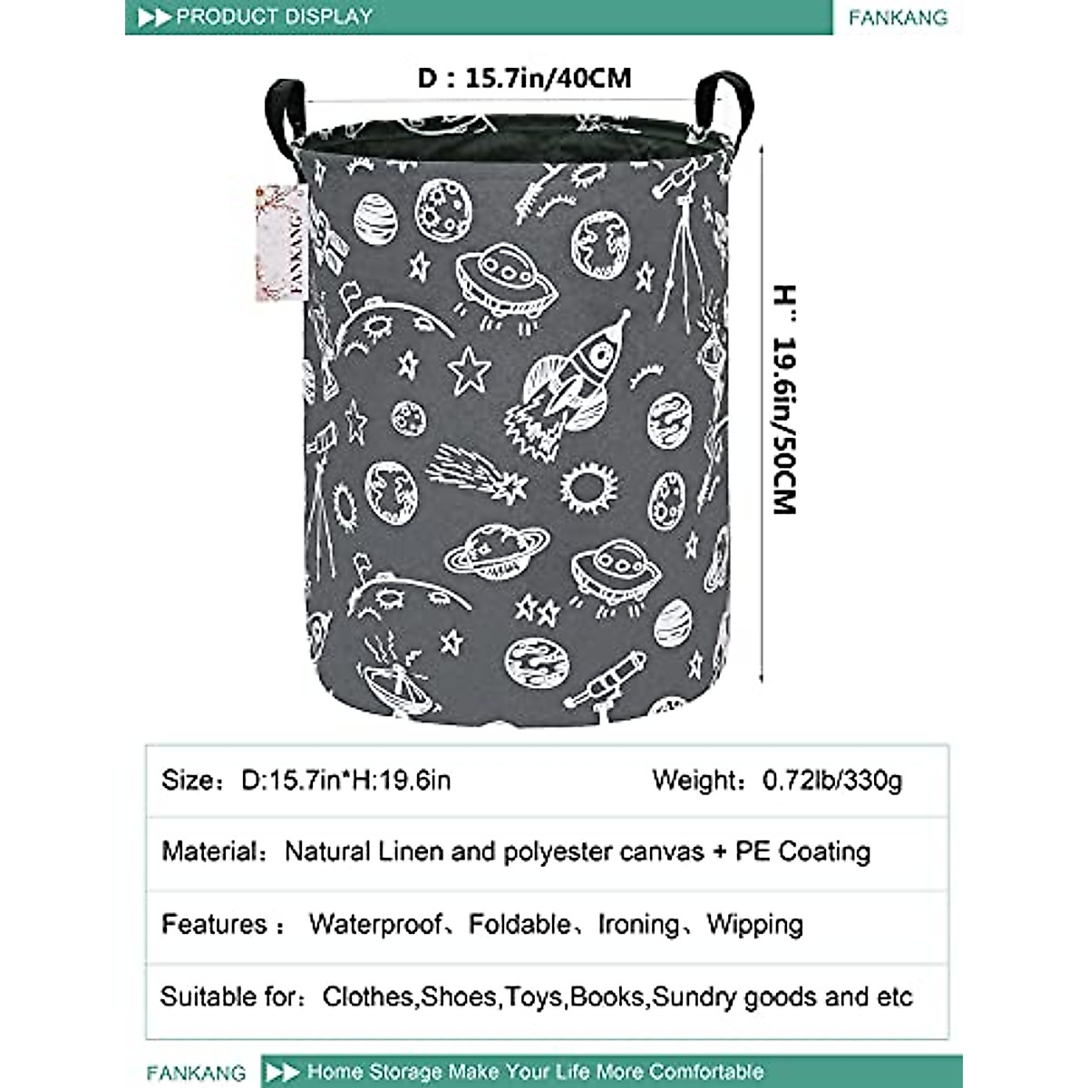 FANKANG Storage Basket, Nursery Hamper Canvas Laundry Basket Foldable with Waterproof PE Coating Large Storage Baskets for Kids Boys and Girls, Office, Bedroom, Clothes,Toys（Space Planet）