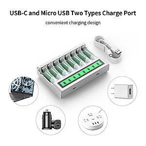 Deleepow 1100mAh Ni-MH AAA Rechargeable Batteries High Capacity 8 Pack AAA Batteries and 8-Bay AA AAA Individual Rechargeable Battery Charger