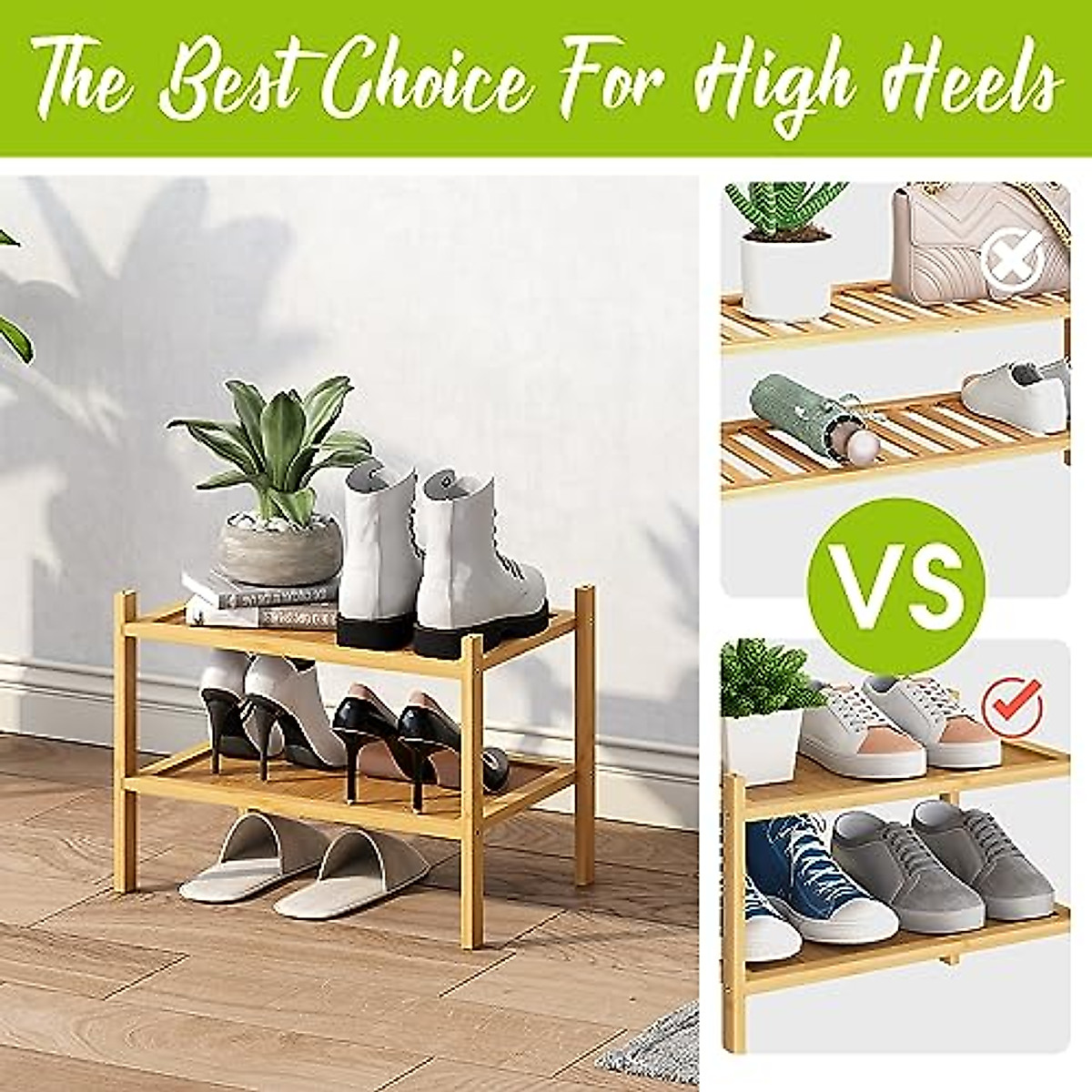 BMOSU 2-Tier Bamboo Small Shoe Rack For Entryway Free Standing Shoe Racks Premium Stackable Shoe shelf Storage Organizer For Hallway Closet Living Room
