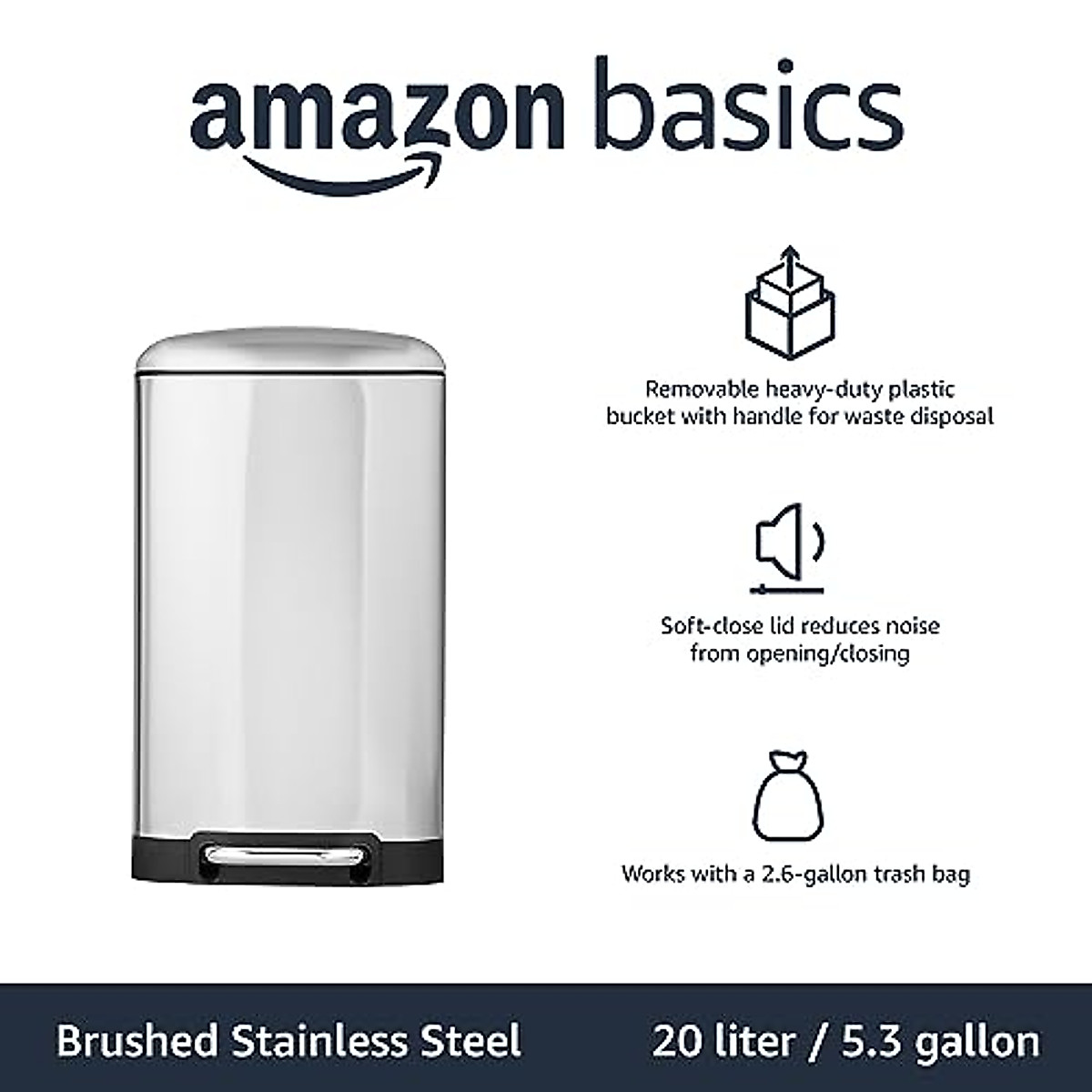 Amazon Basics Smudge Resistant Small Rectangular Trash Can with Soft-Close Foot Pedal, 20 Liter / 5.3 Gallon, Nickel