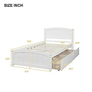 HSBD Twin Bed with Storage Drawers, Twin Size Platform Bed with 2 Drawers, Solid Wood Twin Bed with Headboard & Slat Support, No Spring Needed, Twin Storage Bed for Boys, Girls, Teens, Adults