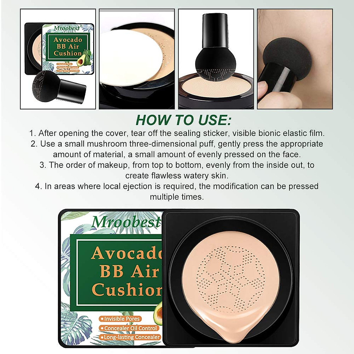 BB Mushroom Air Cushion, Avocado BB/CC Cream, All-Day Lasting Nude Foundation, Even Skin Tone Makeup Base, Easy to Apply, Thin, Moist