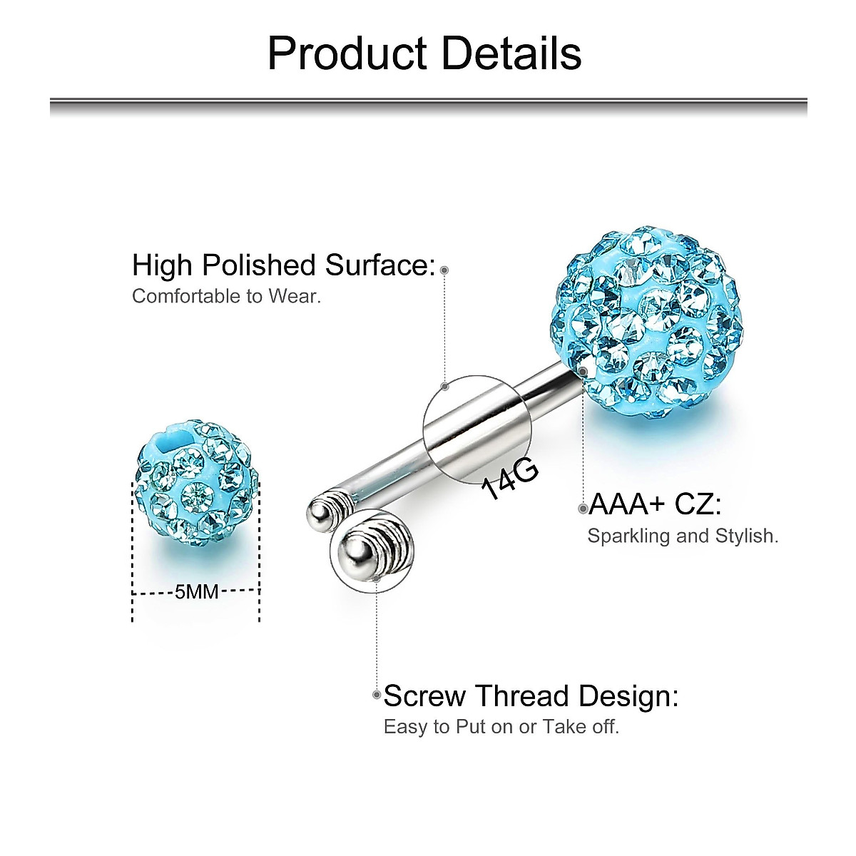 FIBO STEEL 5 Pcs 14G Stainless Steel Belly Button Rings Navel Barbell Body Jewelry Piercing P