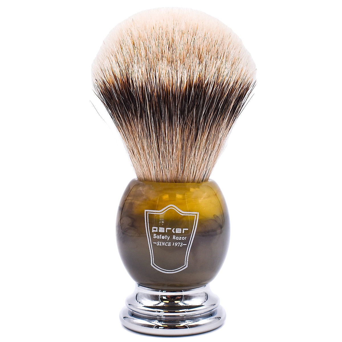 Parker Silvertip Badger Shaving Brush-Faux Horn Handle with a Chrome Base, Long Loft Dense Bristles- Men's Badger Shaving Brush with Stand Included