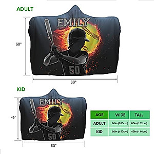 OhaPrints Custom Fire Softball Ball Girl Player Fan Unique Gift Idea Black Personalized Name Number Sherpa Hoodie Blanket Soft Travel Camping Wearable Hooded Blankets Cape Wrap Plush Fuzzy Comfy Cozy