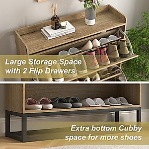VERYKE Shoe Cabinet for Entryway,Slim Hidden Shoe Storage Cabinet with 2 Flip Hollowed Drawers, Wood Narrow Shoe Organizer Cabinet with Bottom Cubby and Metal Leg for Hallway,Closet