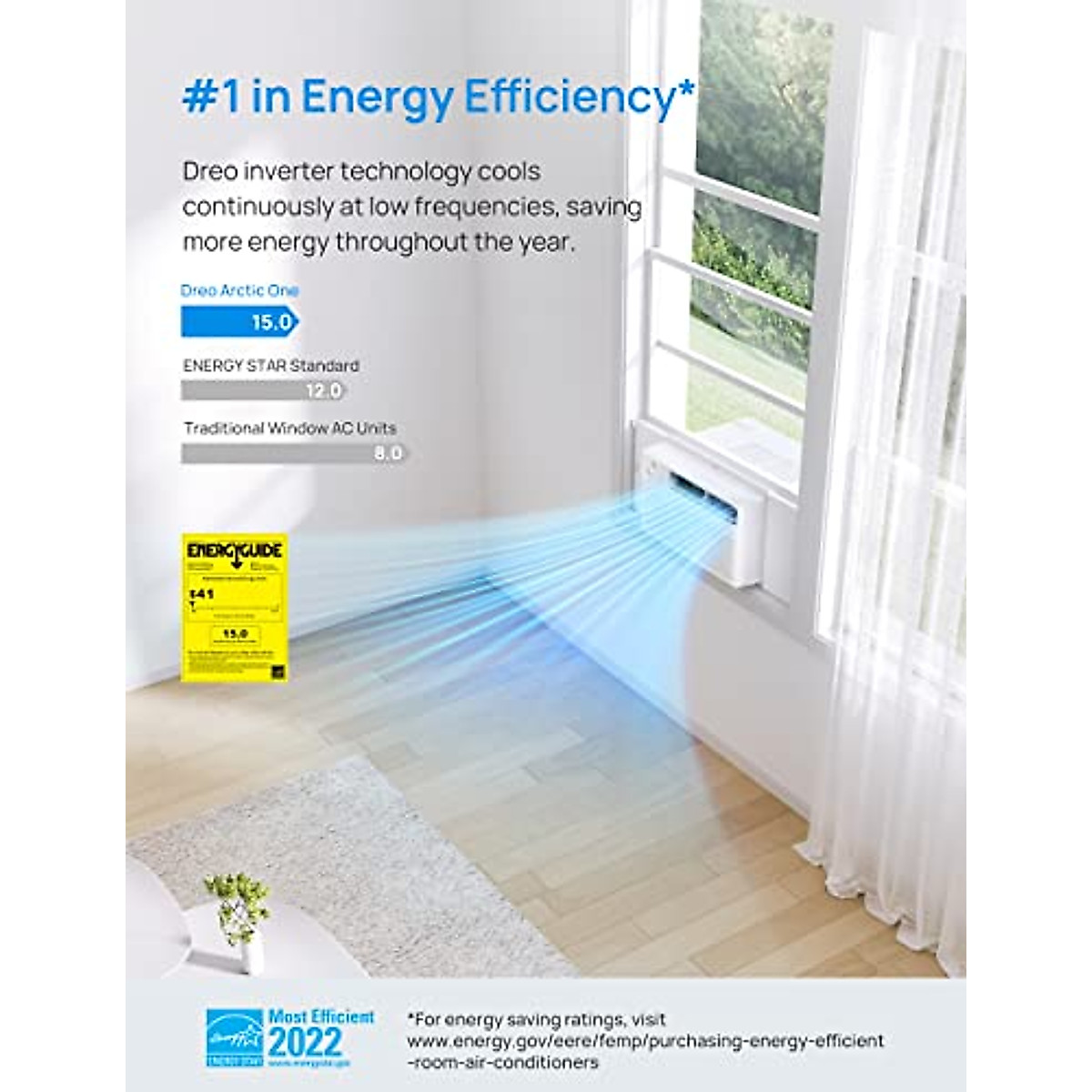 Dreo Window Air Conditioner, 8000 BTU U-Shaped Inverter AC Unit, Cools Up to 350 sq ft, 42db Ultra Quiet, Easy Installation with Open Window Flexibility, 35% Energy Savings, Remote Control