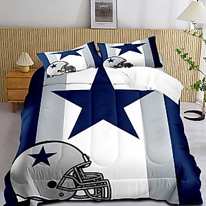 LUVIVIHOME 2PCS American Football Comforter Set, Twin Comforter Set for Boys, White Navy Blue Striped Bedding Quilt, Sports Modern Bedroom Decor for Men Husband Boyfriend Man Cave Decor, 1 Pillow Sham