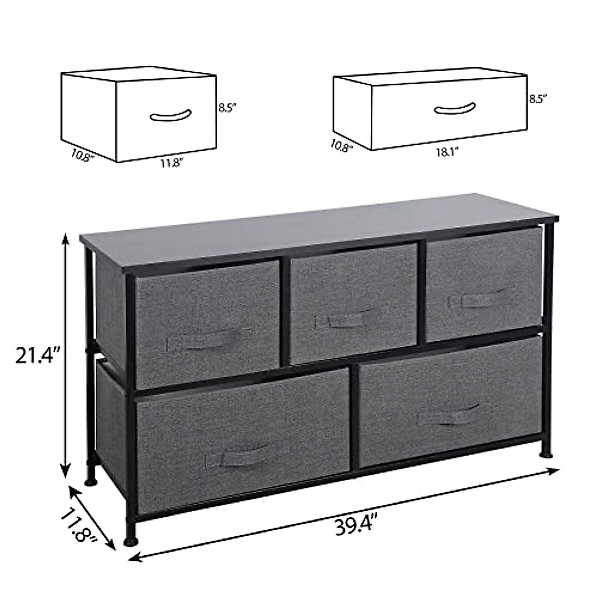 ZENY Extra Wide Dresser Storage Tower - Storage Tower Unit for Bedroom, Hallway, Closet, Office Organization - Steel Frame, Wood Top, Easy Pull Fabric Bins - 5 Drawers
