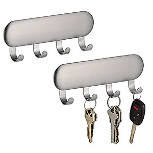 mDesign Metal Peel and Stick Adhesive 4 Hook Storage Rack - Wall Mount Organizer for Entryway, Mudroom, Hallway, Kitchen, Office - Holds Car/House Keys, Leashes - 2 Pack - Brushed Stainless Steel