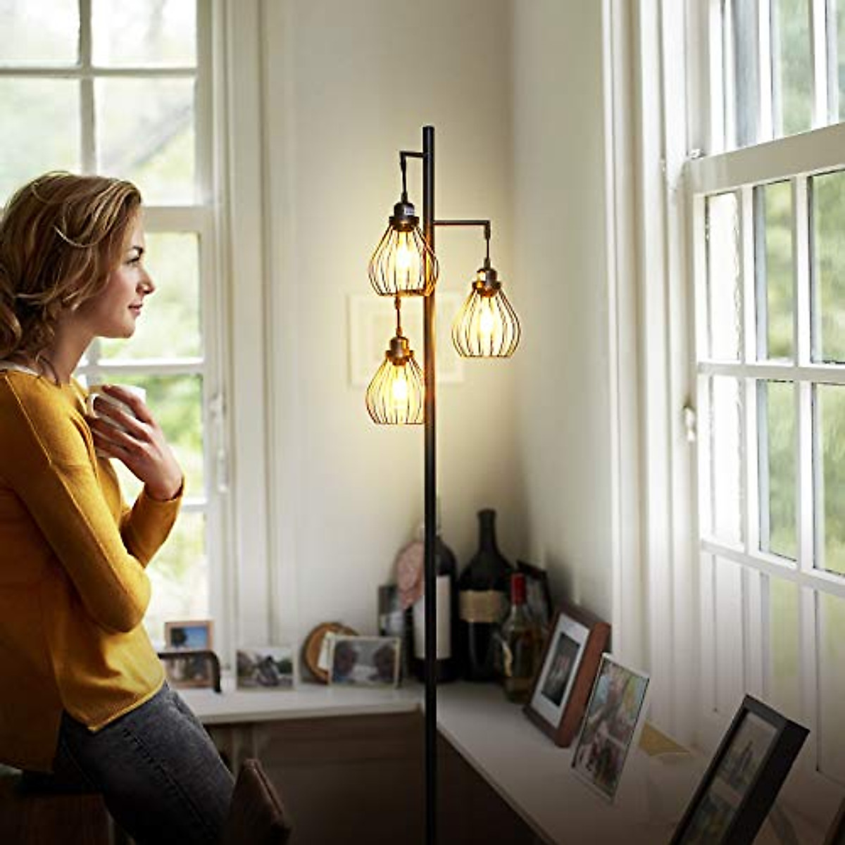 Brightech Teardrop LED Floor Lamp – Tree Standing Lamp with 3 Elegant Cage Heads & Edison Bulbs – Standing Lamp for Living Rooms & Offices – Tall Standing Lamp Ideal for Bedroom Reading – Black