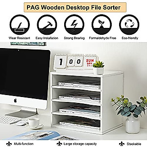 PAG Office Supplies Desk Organizer Wood File Mail Sorter with 3 Adjustable Drawer Boards,White