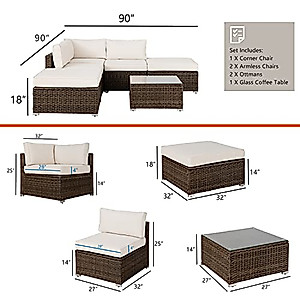 HOMPUS 6-Piece Outdoor Handwoven Sectional Sofa PE Rattan Wicker Couch Corner Conversation Set Furniture Brown Patio Sofa Set w Beige Seat Cushions, Glass Coffee Table for Garden,Yard,Pool