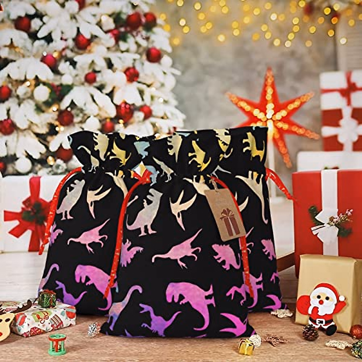 Drawstrings Christmas Gift Bags Fun-Dinosaur-Rainbow Presents Wrapping Bags Xmas Gift Wrapping Sacks Pouches Medium