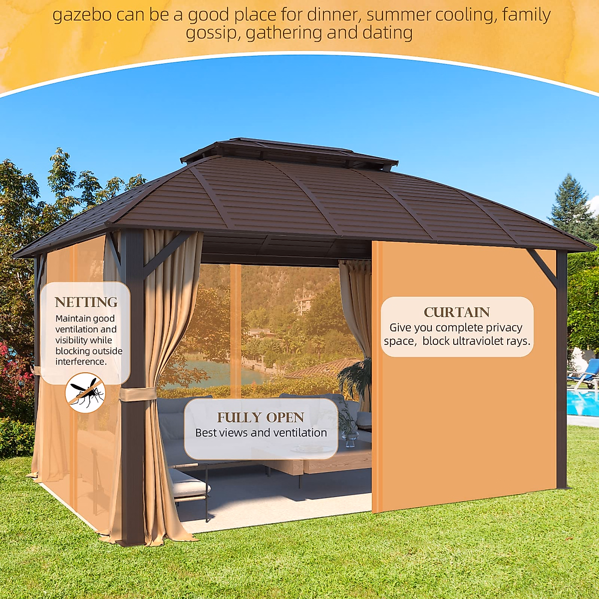 YOLENY 10'x13' Hardtop Gazebo with Galvanized Steel Arc Double Roof，Aluminum Frame Included, Outdoor Canopy Gazebos with Curtain&Netting, Sunshade for Gardens, Lawns, Deck