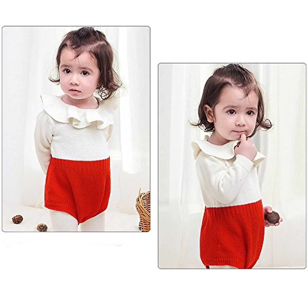 Urkutoba Baby Girls Romper Knitted Ruffle Long Sleeve Jumpsuit Baby Kids Girl Romper Autumn Winter Casual Clothing (0-6 Months, Red)