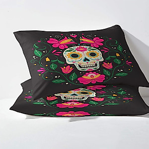 Sugar Skull Sheets Twin Size, Day of The Dead Bed Sheets, Patterned Bedding Sheets & Pillowcases 3 Piece Set - Soft Microfiber Deep Pocket Fitted Sheet & Flat Sheet & Pillow Case Z3-&-210