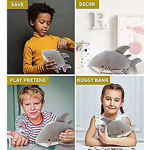 DolliBu Gray Shark Plush Huggie Bank - Super Soft Stuffed Animal Money Bank Savings Storage for Little Kids, Cute & Fluffy Fun Coin Bank Toy, Wildlife Plush Piggy Bank for Girls & Boys - 9 Inch