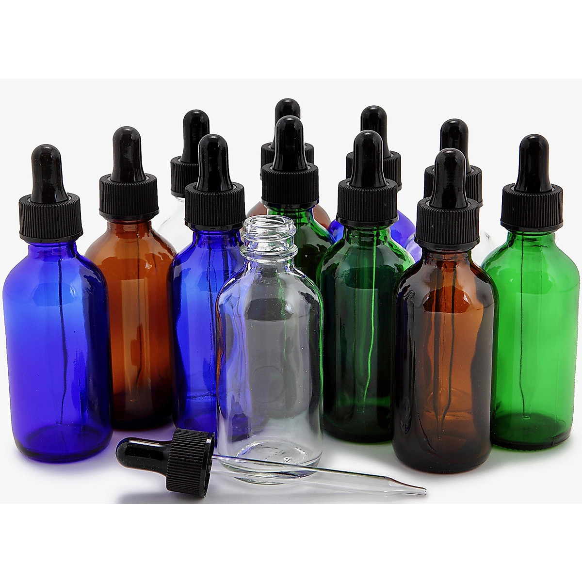Vivaplex, 12, Assorted Colors, 2 oz Glass Bottles, With Glass Eye Droppers
