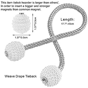 Pinowu Magnetic Curtain Tiebacks Convenient Drape Tie Backs (4pcs), Pearl Decorative Holdback Rope Holder for Small, Thin or Sheer Window Draperies (Gray)