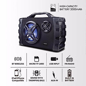 NEM Mobi7e Portable Wireless Bluetooth High Performance Stereo Speaker Extra Bass, USB Recording, Rechargeable Battery, AUX and TF Card Input, FM Radio, MP3, Mic and Guitar Input, LED Lights (Black)