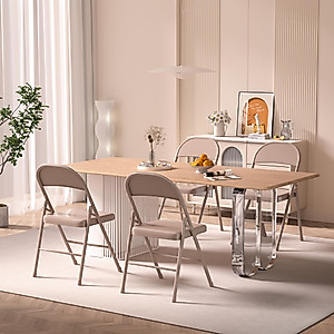 VECELO Folding Chairs Metal Frame Steel Seat with Triple Braced for Home Office,No-Assembly Heavy-Duty&Stackable Space Saving, Set of 4, Beige