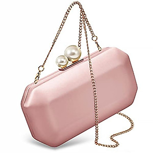 M10M15 Women Pink Satin Clutch Purse Small Evening Bag with Pearl Closure for Party Wedding