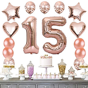 Ceqiny 40" 15th Number Balloon Mylar Balloon 18” Star Heart Foil Balloon 12” Sequins Latex Balloon for Birthday Party Wedding Bridal Shower Photo Shoot Anniversary Decor, Rose Gold 15 Balloon Kit