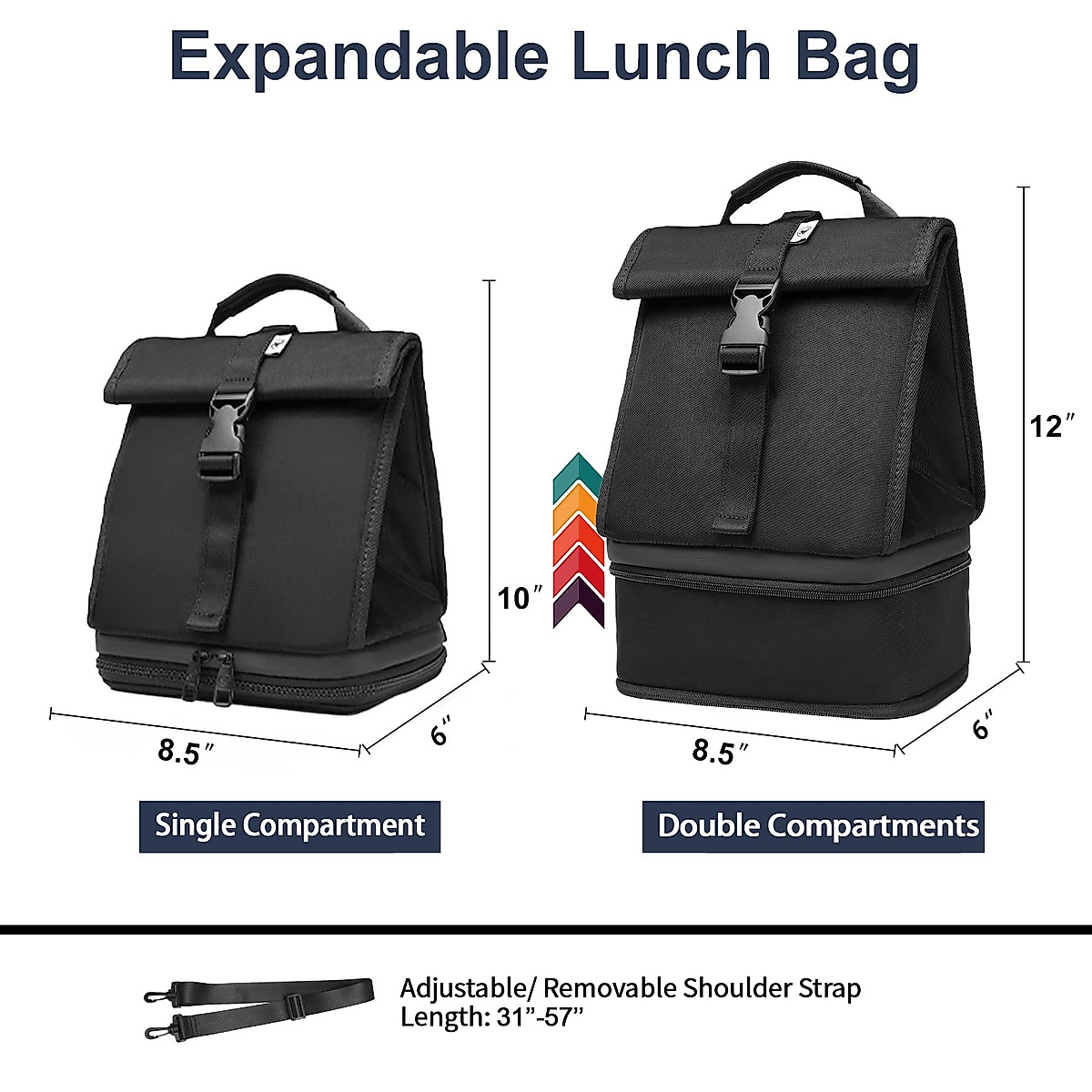 SUNNY BIRD Small Insulated Rolltop Lunch Box Women, Expandable Bento Cooler Bag Reusable for Adult Men (Black, Medium)