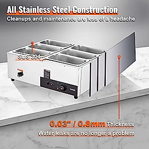 VEVOR 6-Pan Commercial Food Warmer, 6 x 8QT Electric Steam Table, 1200W Professional Countertop Stainless Steel Buffet Bain Marie with 86-185°F Temp Control for Catering and Restaurants, Silver