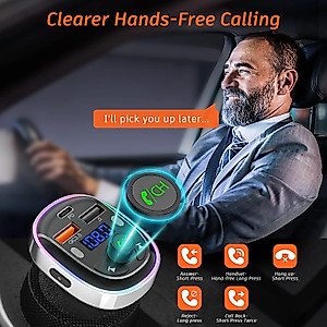 SONRU​ Bluetooth 5.3 Fm Transmitter for Car, Bluetooth Car Adapter with Dual USB Charger 48w Pd&Qc3.0 USB 7 Colored LED Backlit Light Support Handsfree Calling