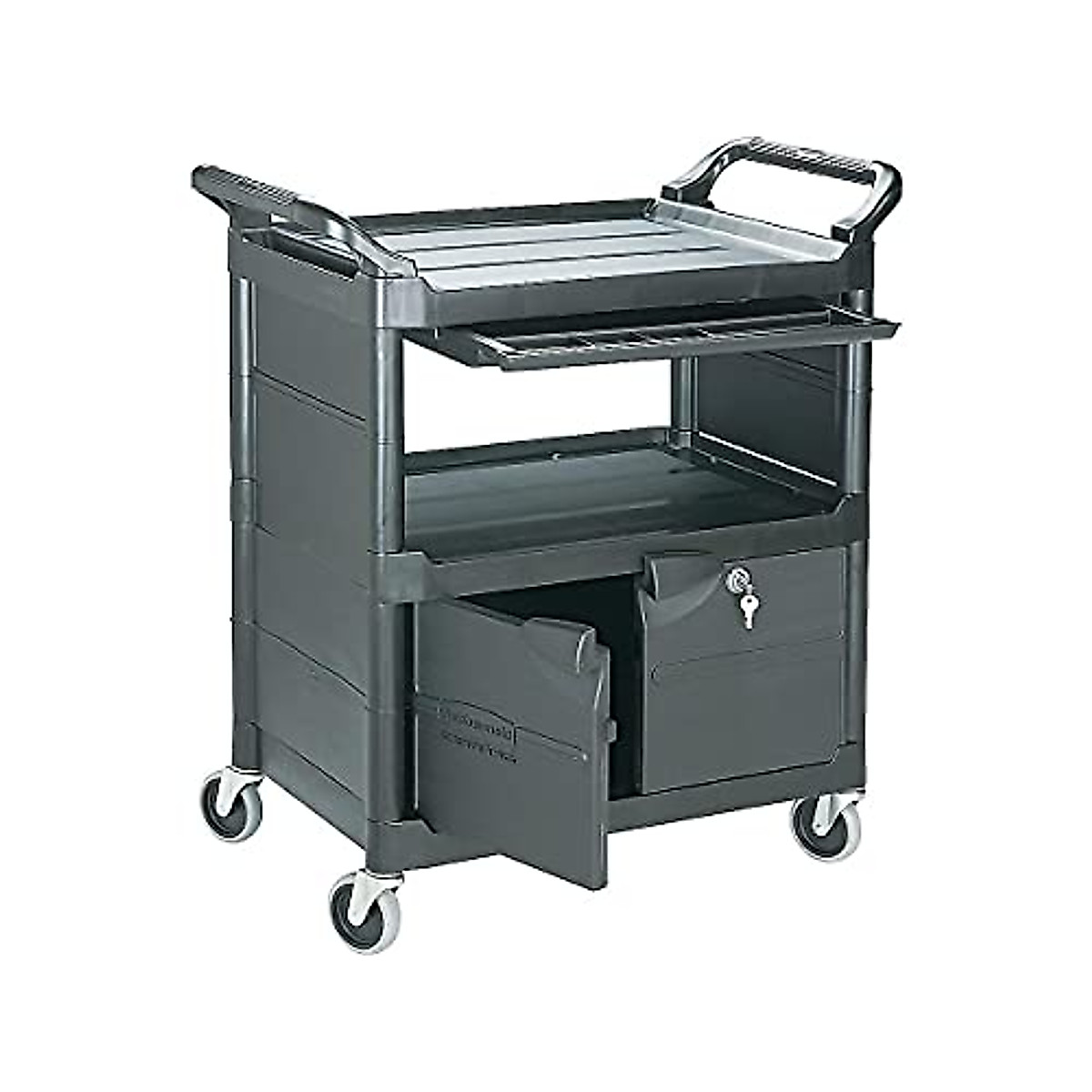 Rubbermaid Commercial Plastic Service and Utility Cart with Cabinet and Sliding Drawer, Black (FG345700BLA) 200 lbs