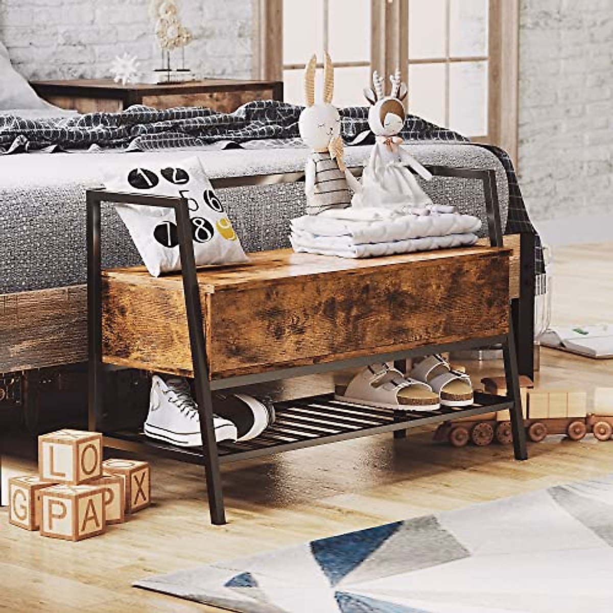 IRONCK Storage Bench, Industrial Shoe Rack Bench with Storage Box, Holds Up to 240 LB Shoe Organizer for Entryway, Bedroom, Closet & Hallway, Entryway Bathroom