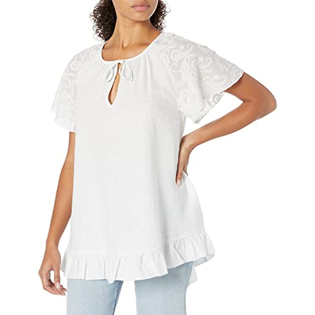 GUESS Women's Short Sleeve Amika Tunic Top, Pure White, Medium