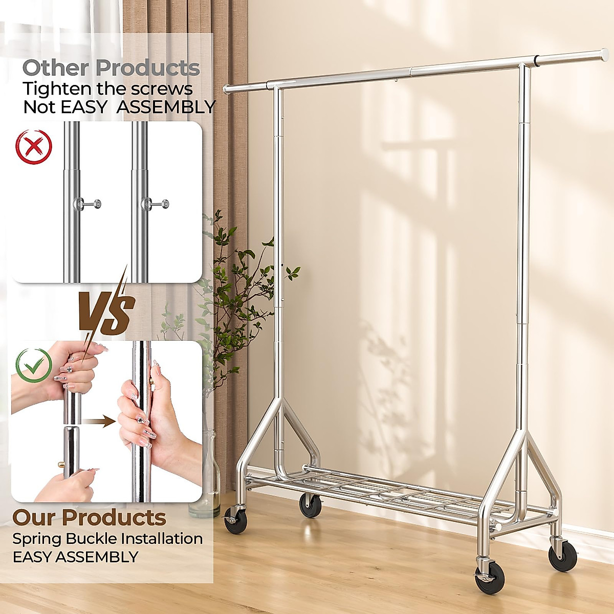HYSEYY Heavy Duty Clothes Rack Load 450 LBS, Metal Garment Rack, Standing Rolling Clothing Rack for Hanging Clothes with Sturdy Wheels & Shelves, Portable Closet Wardrobe Rack,Sliver
