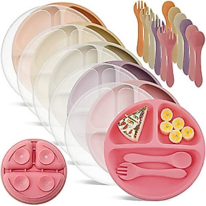 Meanplan 6 Pack Suction Plates with Lids Silicone Baby Plates Toddler Plates Divided Design Stay Put with Suction Feature BPA Free Microwave and Dishwasher Safe Assorted Colors (Cute Colors)