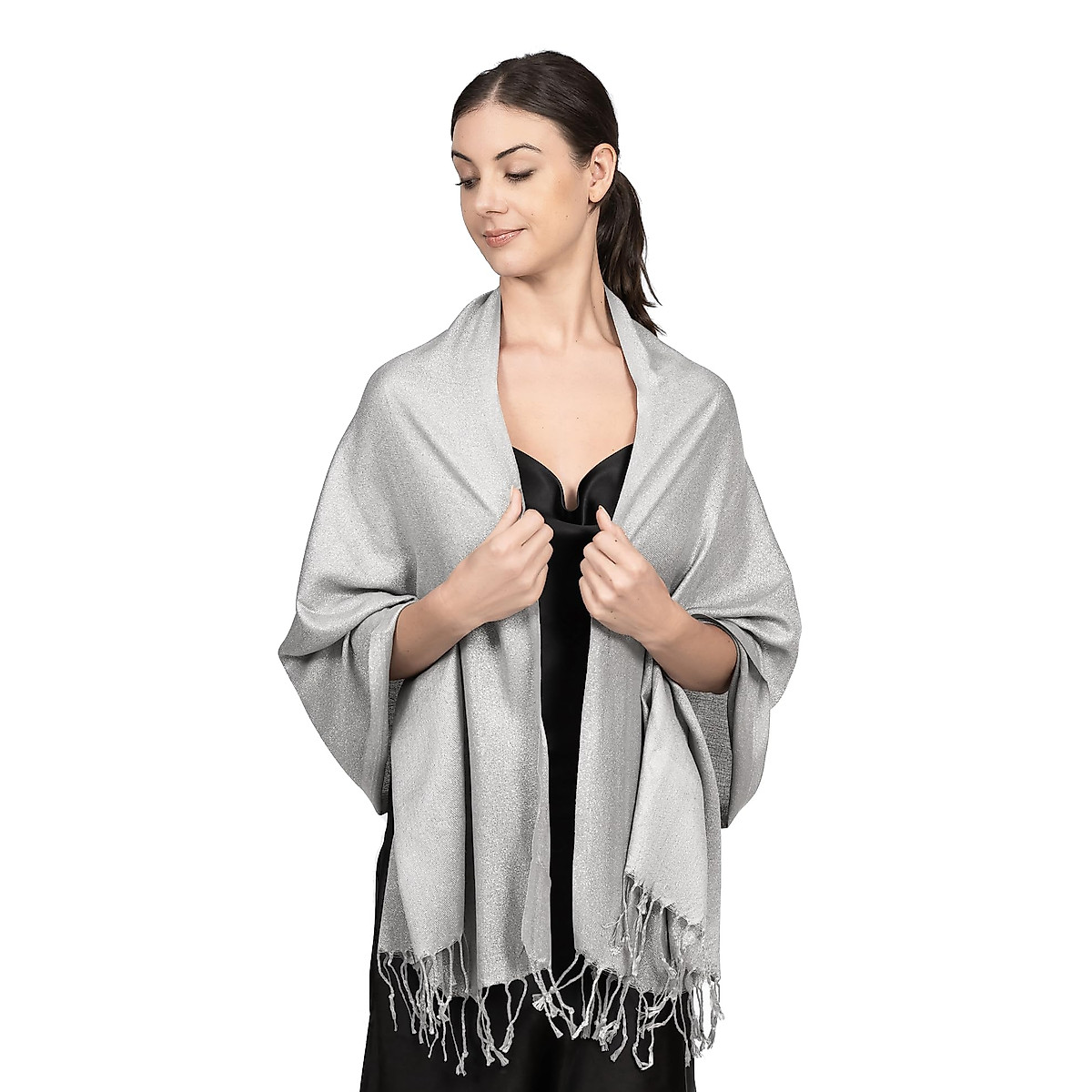 Sparkling Metallic Evening Shawl Wrap Scarf for Wedding Prom Party Dress 80" x 27" (Silver)