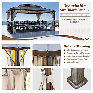EROMMY 12' x 16' Gazebo Polycarbonate Double Roof Canopy Outdoor Aluminum Frame Pergola, Permanent Pavilion with Netting and Curtains for Garden Patio Lawns Parties