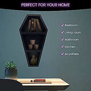 Spooky Looky Life Coffin Shelf - The Original Multiple Colors and Looks All in 1 Shelf Design - Unique Gothic Decor for The Home - Wooden Black Floating Wall Or Table top Shelf - 15" Tall by 8" Wide