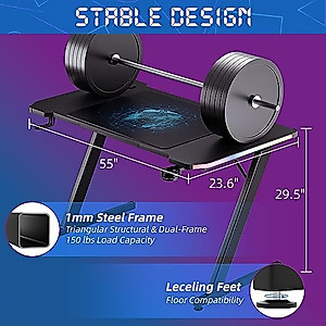 Kemon Gaming Desk with LED Lights, Z Shaped PC Gaming Table Computer Desk Ergonomic Home Office Desks, Carbon Fibre Surface Gamer Workstation with Mouse Pad, Cup Holder and Headphone Hook (63 inch)