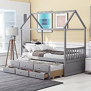 TARTOP Twin Size House Bed with Trundle and 3 Storage Drawers, Twin Captain's Beds Wooden Storage Daybed Frame for Kids Teens Boys Girls,Gray