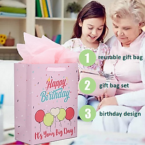 RNORRI Pink Gift Bag Large, Birthday Gift Bag For Girl, Happy Birthday Bag With Handles, Pink Birthday Bag For Girl, Party, Birthday, Baby Shower, Woman - 10x13x5 Inch