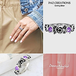 Paz Creations Ring For Women - 925 Sterling Silver Vintage Rings For Woman - Handcrafted Rose Flower Design With Gemstones - Jewelry with One Year Warranty - Amethyst Size 8