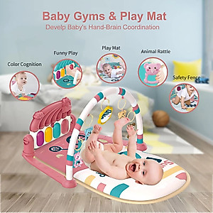 dearlomum Baby Play Mat Baby Gym, Piano Tummy Time Baby Activity Gym Mat with 5 Infant Learning Sensory Baby Toys, Music and Lights Boy & Girl Gifts for Newborn Baby 0 to 3 6 9 12 Months(Pink)