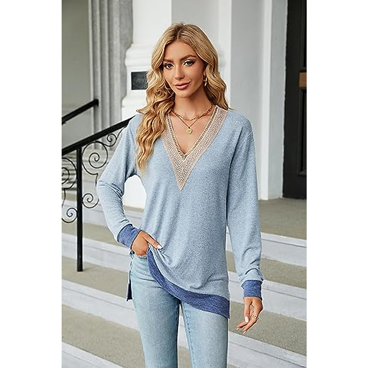 Keificle Women's V-Neck Pullover Color Blocking Long Sleeves Side Split Fall Tunic Tops (Large, 01_Light Blue)