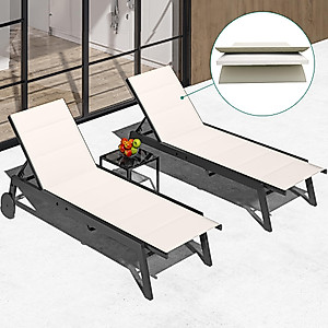 YITAHOME Outdoor Chaise Lounge Chairs Set with Side Table, Padded Fabric Poolside Loungers with Aluminum Frame, Adjustable Backrest, Wheels for Pool Beach Patio Lawn Porch (Beige)