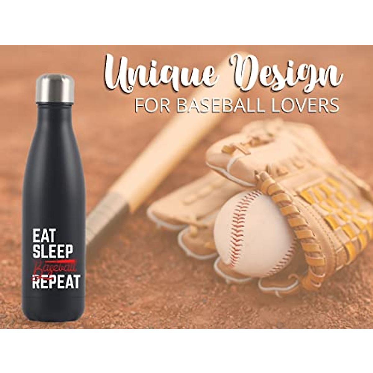 Onebttl Baseball Gifts for Boys, Eat Sleep Baseball Repeat, Stainless Steel 17Oz Water Bottle, Black