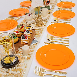 FLOWERCAT 60PCS Orange Plates - Heavy Duty Orange Plastic Plates Disposable for Easter Party - Include 30PCS 10.25inch Orange Dinner Plates and 30PCS 7.5inch Orange Dessert Plates