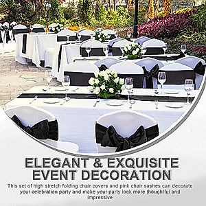 Lounsweer 50 Pcs Stretch Spandex Folding Chair Cover and Satin Chair Sashes Bows Chair Slipcovers Chair Ribbon Bows Washable Chair Cover Protector for Wedding Banquet Party (White, Black)