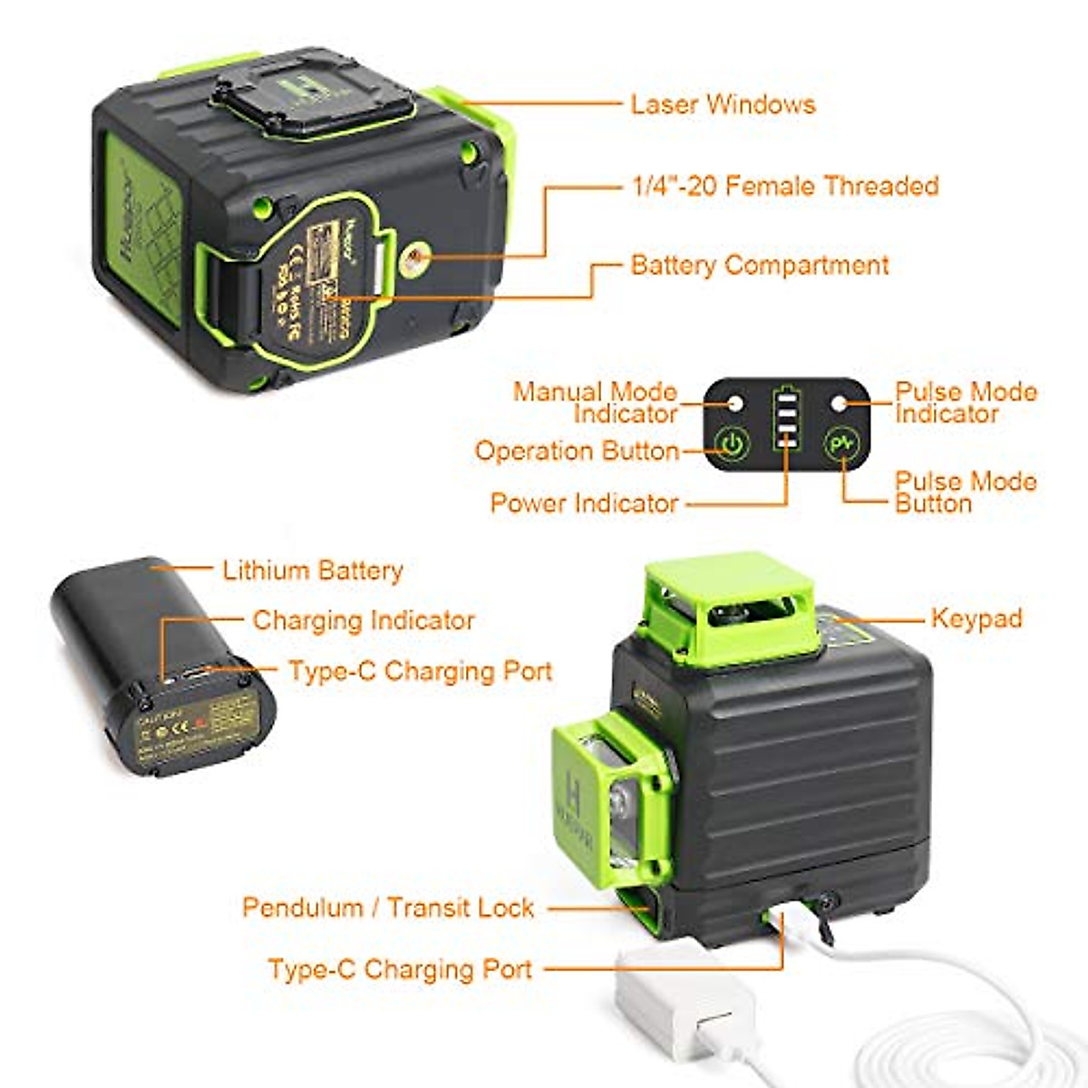 Huepar 2 x 360 Cross Line Self-leveling Laser Level, 360° Green Beam Dual Plane Leveling and Alignment Laser Tool, Li-ion Battery with Type-C Charging Port & Hard Carry Case Included - B02CG